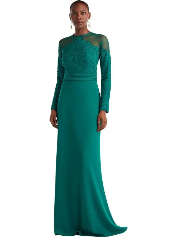 Tadashi Shoji Sinclair Embroidered Crepe Gown - Emerald