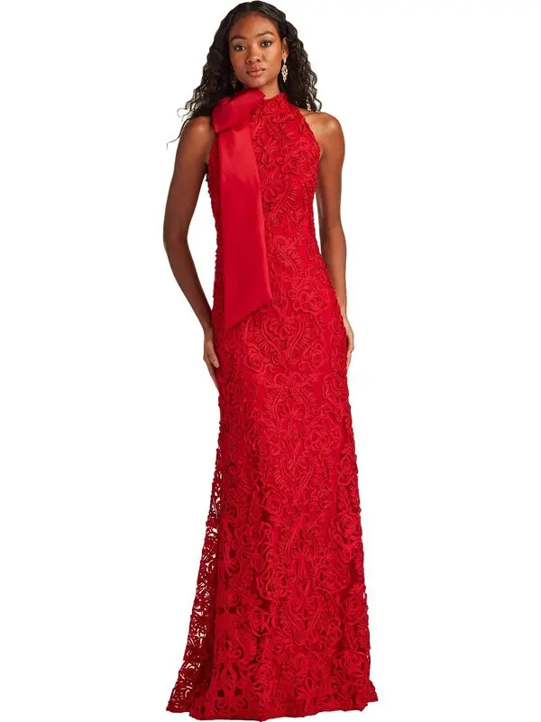 Tadashi Shoji Iria Lace Halter Gown With Shoulder Bow - Cherry