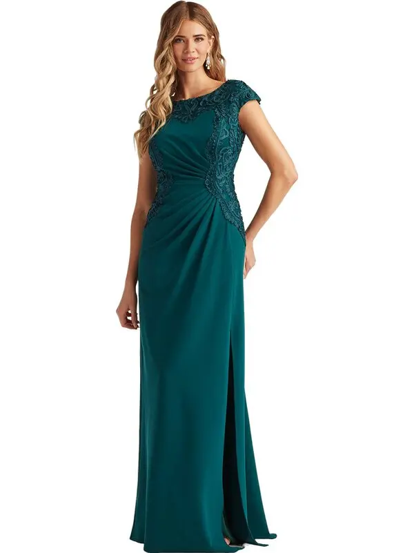 Tadashi Shoji Johari Embroidered Illusion Gown - Tea Leaf