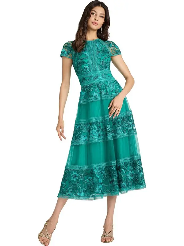 Tadashi Shoji Floral Embroidered Tulle Midi Dress - Emerald