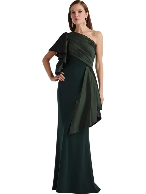 Tadashi Shoji Santa Fe Draped Flounce Gown - Dark Forest