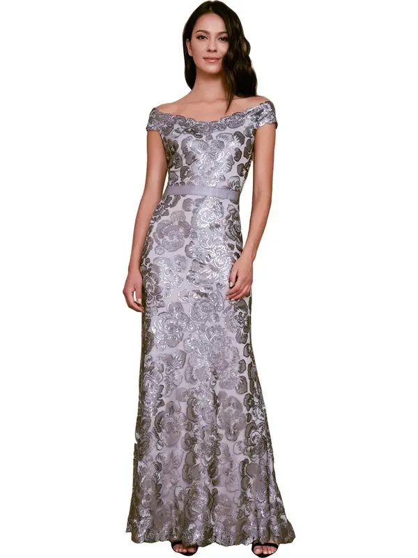 Tadashi Shoji Dominica Sequin Embroidered Gown - Slate