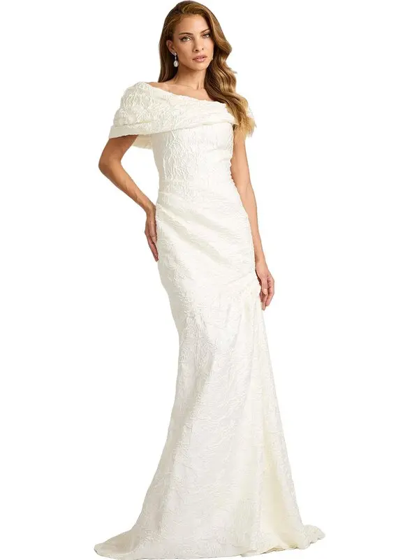Tadashi Shoji Draped Floral Jacquard Gown - White