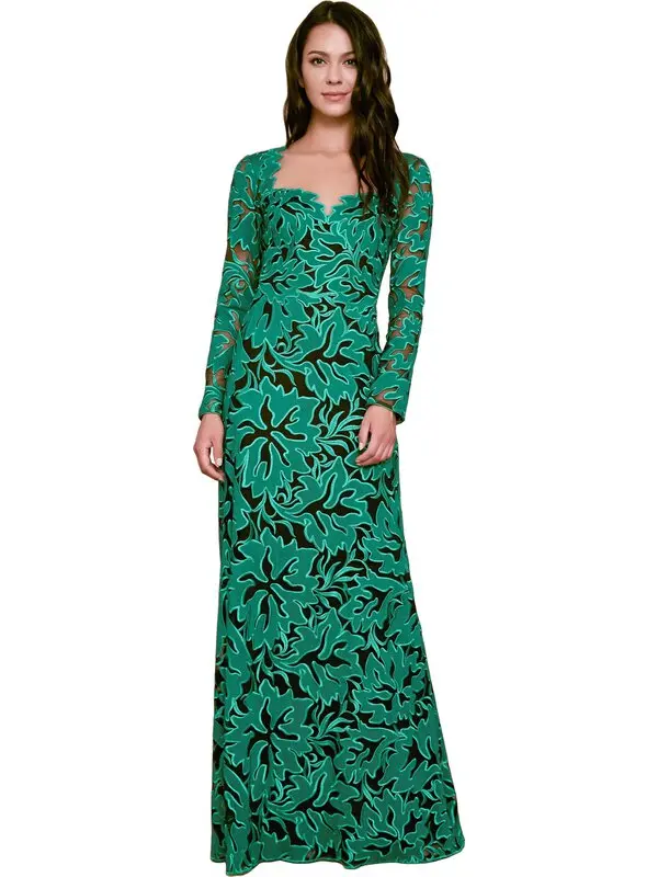 Tadashi Shoji Yarrow Floral Applique Evening Gown - Moss/black