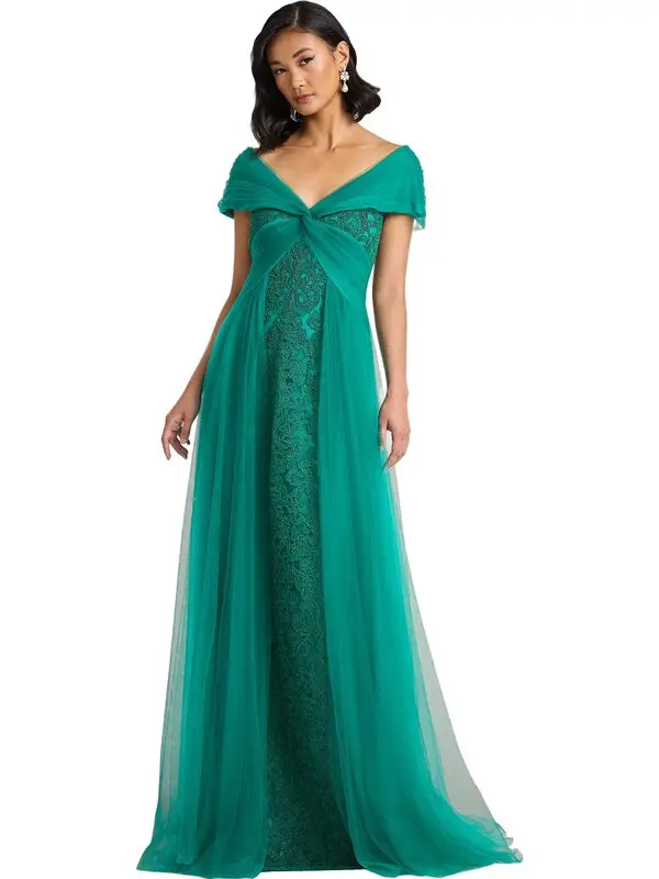 Tadashi Shoji Parello Lotus Embroidered Tulle Gown - Emerald