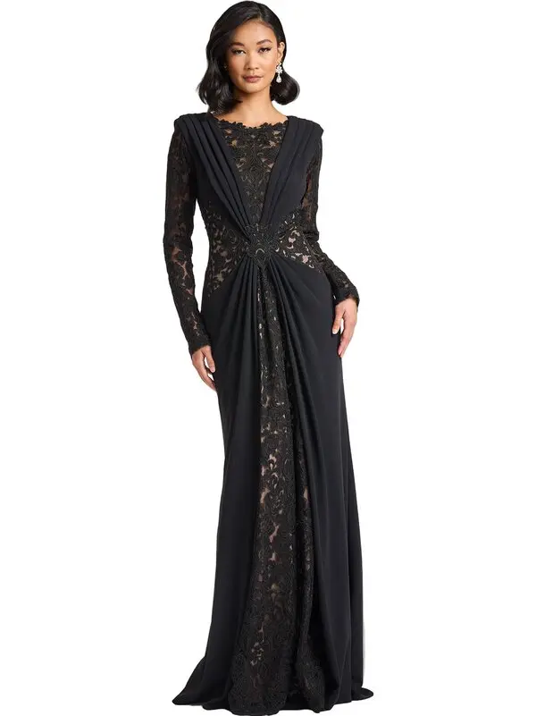 Tadashi Shoji Vourie Draped Overlay Embroidered Gown - Black/nude