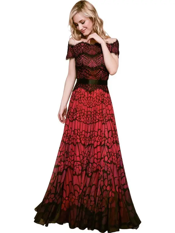 Tadashi Shoji Itzel Off-the-shoulder Lace & Mesh Gown - Black/phoenix