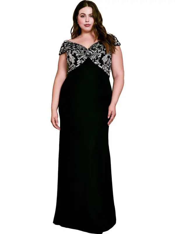 Tadashi Shoji Off-shoulder Twisted Jacquard Gown - Silver/black