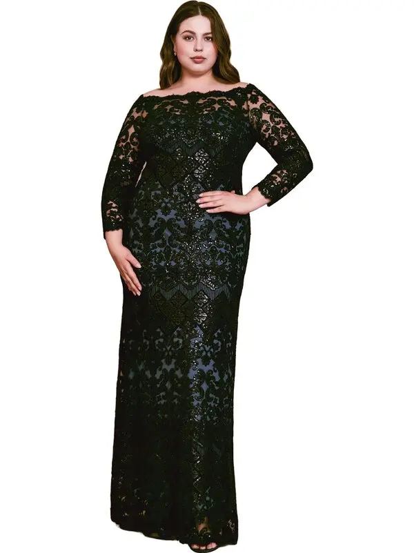 Tadashi Shoji Long-sleeve Sequin Embroidered Gown - Black/navy