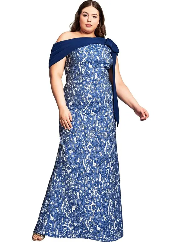Tadashi Shoji Floral Jacquard Gown With Statement Bow - Navy/ivory