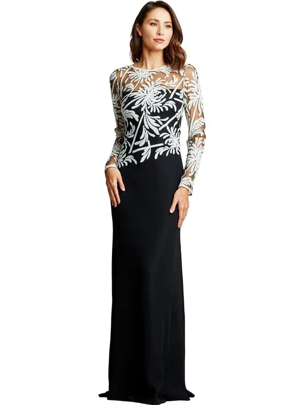 Tadashi Shoji Haruki Long Sleeve Gown - Black/ivory