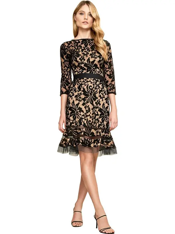 Tadashi Shoji Embroidered Lace 3/4 Sleeve Dress With Sheer Cut Out Detail - Black/nude
