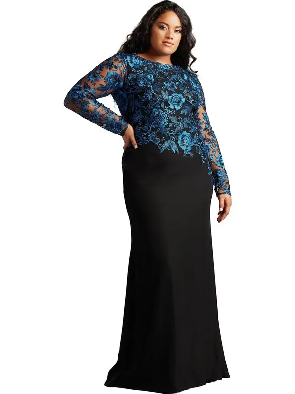 Tadashi Shoji Embroidered Crepe Gown With Sheer Sleeves - Lapis/black