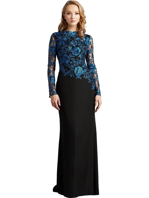 Tadashi Shoji Embroidered Crepe Gown - Lapis/black