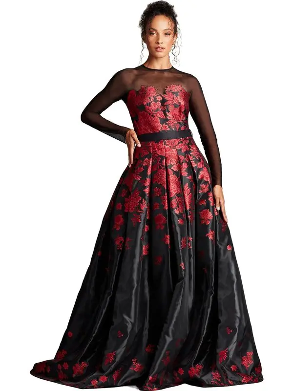 Tadashi Shoji Beyza Organza Jacquard Gown - Ruby Red/black