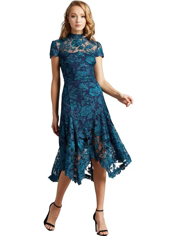 Tadashi Shoji Handkerchief Hem Embroidered Dress - Azure