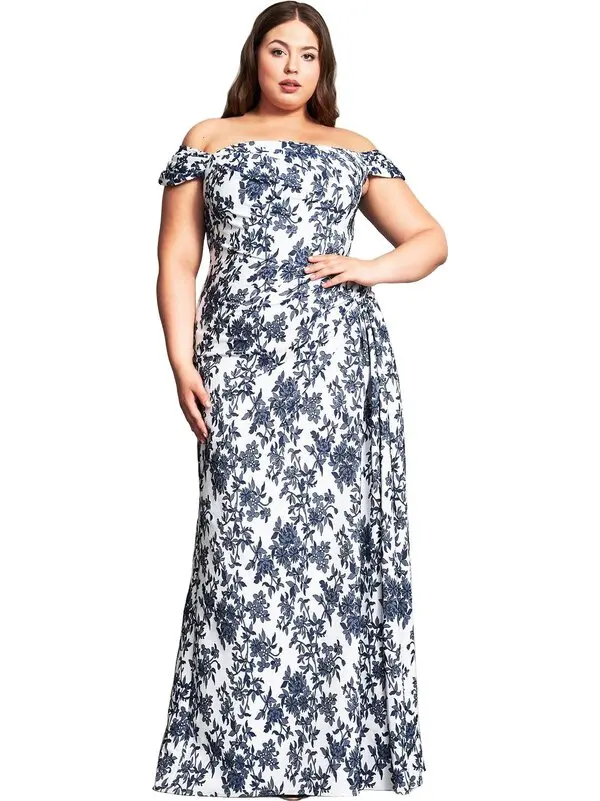 Tadashi Shoji Airi Off-shoulder Gown - Navy/ivory