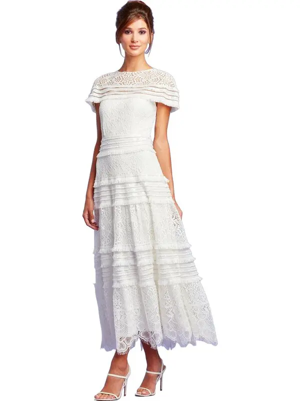 Tadashi Shoji Arya Lace & Fringe Cap Sleeve Midi Dress - Ivory