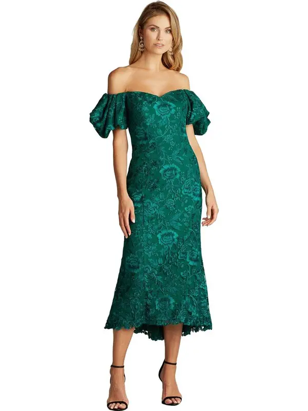 Tadashi Shoji Ivette Off-shoulder Puff Sleeve Embroidered Midi Dress - Malachite