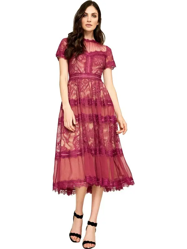 Tadashi Shoji Lace Tea-length Dress With Detachable Lining - Black/nude