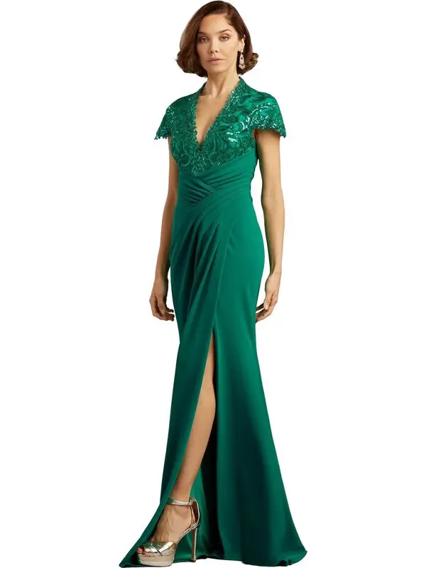 Tadashi Shoji Percy Sequin-embroidered Crepe Gown - Emerald