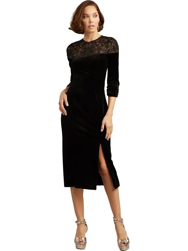 Tadashi Shoji Wallace Beaded Illusion Velvet Dress - Black/nude