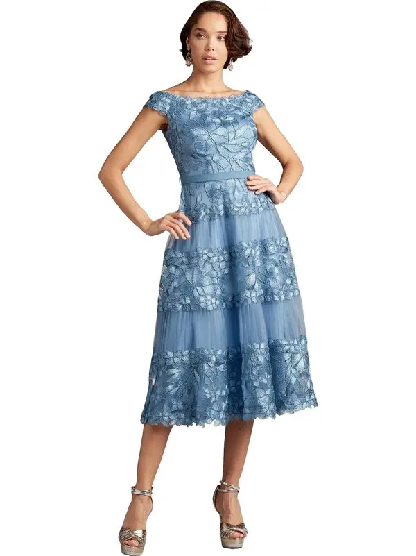 Tadashi Shoji Adriane Floral Embroidered Tea-length Dress - Blue Stone