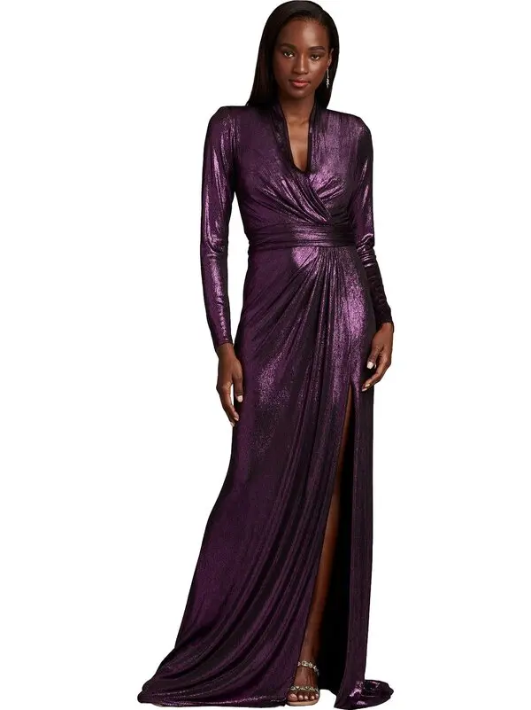 Tadashi Shoji Vienna Draped Metallic Lamé Gown - Violet