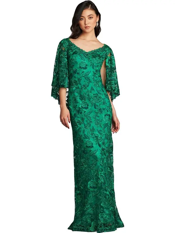 Tadashi Shoji Embroidered Capelet Sleeve Gown - Pine