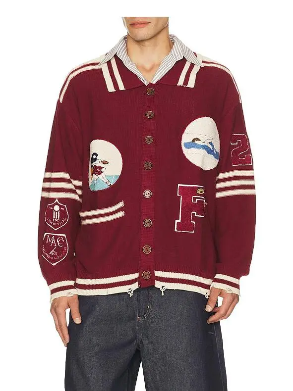 FOUND Varsity Patch Collared Cardigan In Red - Deep Red