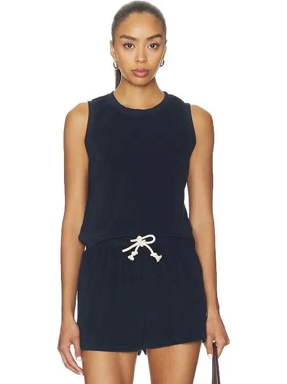 PERFECTWHITETEE Esther Loop Terry High Neck Crop Tank - Navy