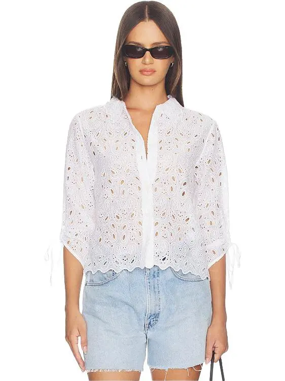 FRAME Paisley Eyelet Cinch Sleeve Shirt - White