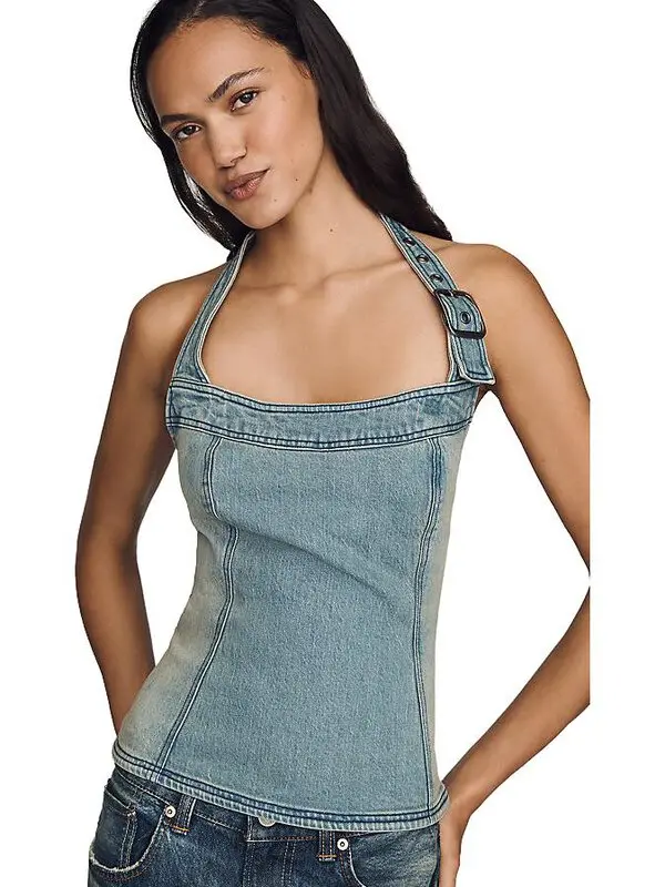 PILCRO Denim Halter Top With Square Neckline And Adjustable Strap - Light Denim