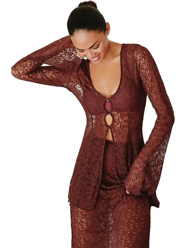 CELANDINE Lacy Long-sleeve Top - Chocolate