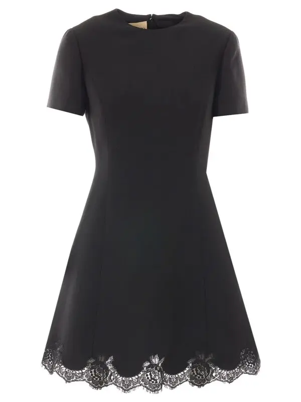 Valentino Garavani Short Sleeve Lace Trimmed Dress - Black