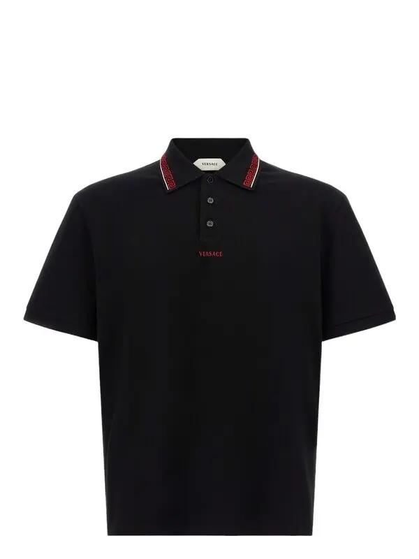 Versace Logo Embroidered Short-sleeved Polo Shirt - Black