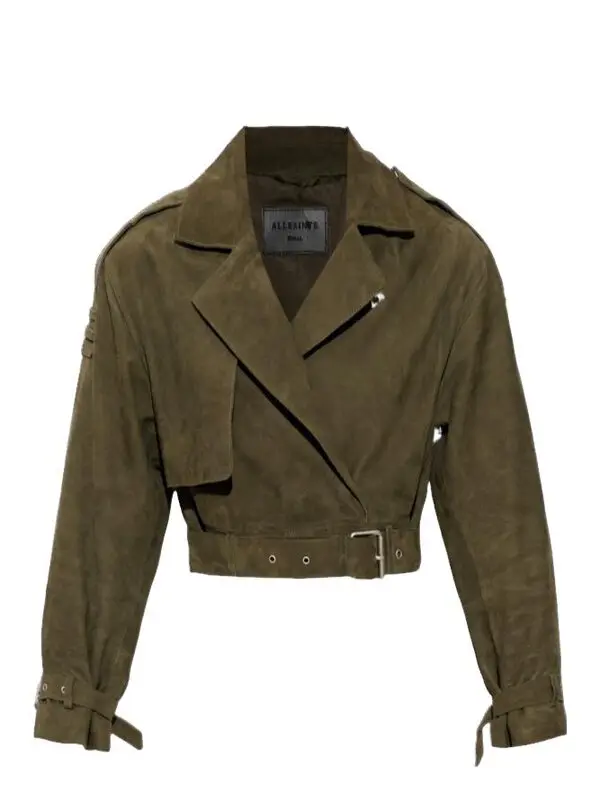 ALLSAINTS Ophelia Cropped Belted Suede Jacket - Caledone Green