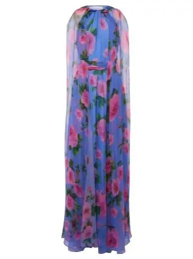 Carolina Herrera Floral Cape Halterneck Silk Gown - Blue