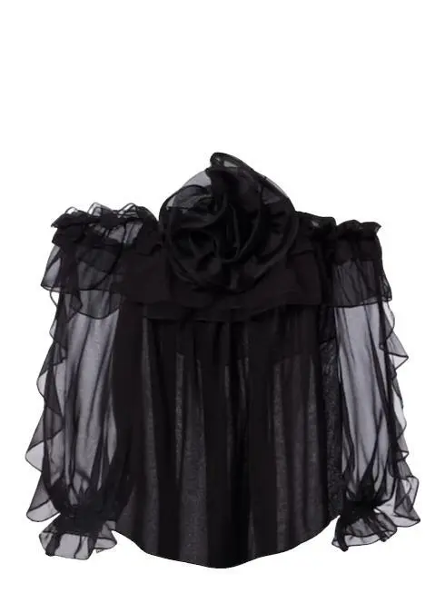 Carolina Herrera Off-the-shoulder Silk Tulle Top With Ruffle Trim - Black