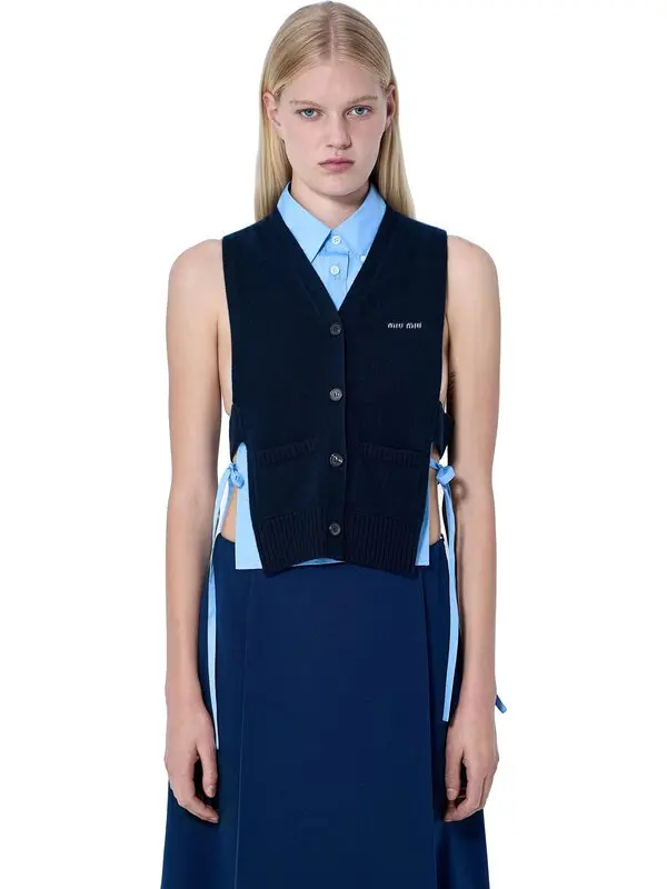 Miu Miu V-neck Logo Knit Vest With Side Ties - Blue
