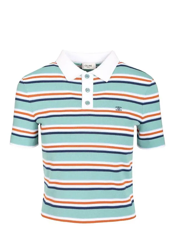 Celine Knitted Cotton Polo Shirt With Horizontal Stripes And Embroidered Logo - Multicolor