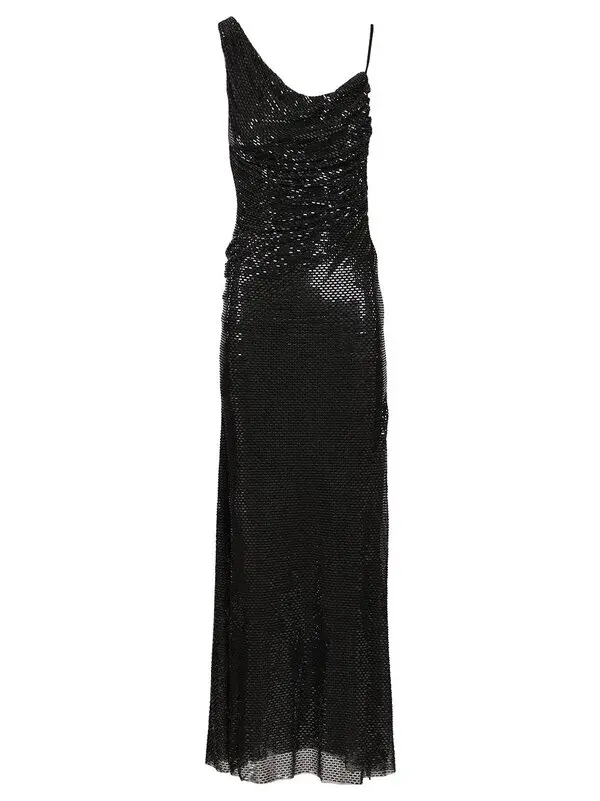 SELF-PORTRAIT Rhinestone Draped Floor-length Dress With Side Slit - Black