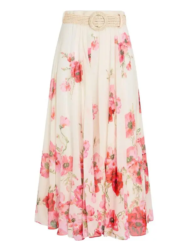 Zimmermann Belted Floral-print Cotton And Silk-blend Maxi Skirt - Ivory