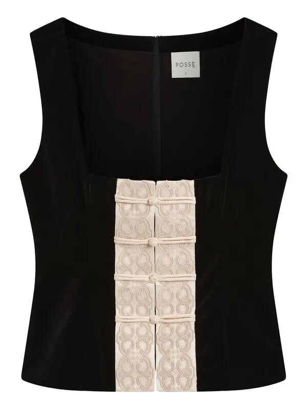 Posse Florian Embroidered Trim Velvet Top - Black