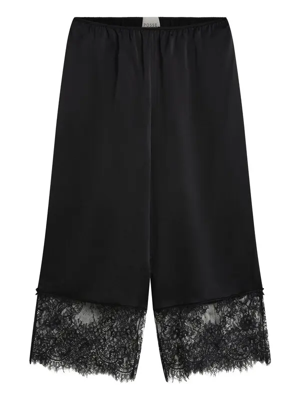 Posse Blake Mid-rise Wide-leg Silk Pants With Lace Trim - Black