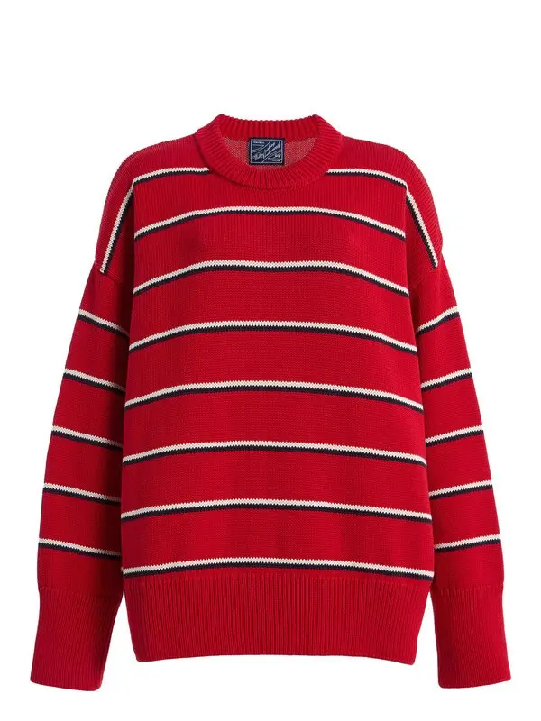 WITH NOTHING UNDERNEATH Exclusive Cornwall Striped Organic Cotton Crewneck Sweater - Red