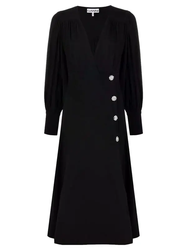 GANNI V-neck Asymmetrical Wrap Dress - Black