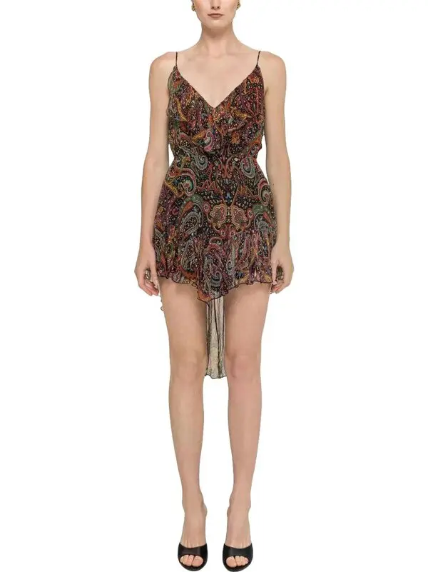 NISSA Printed Silk Asymmetric Mini Dress - Black