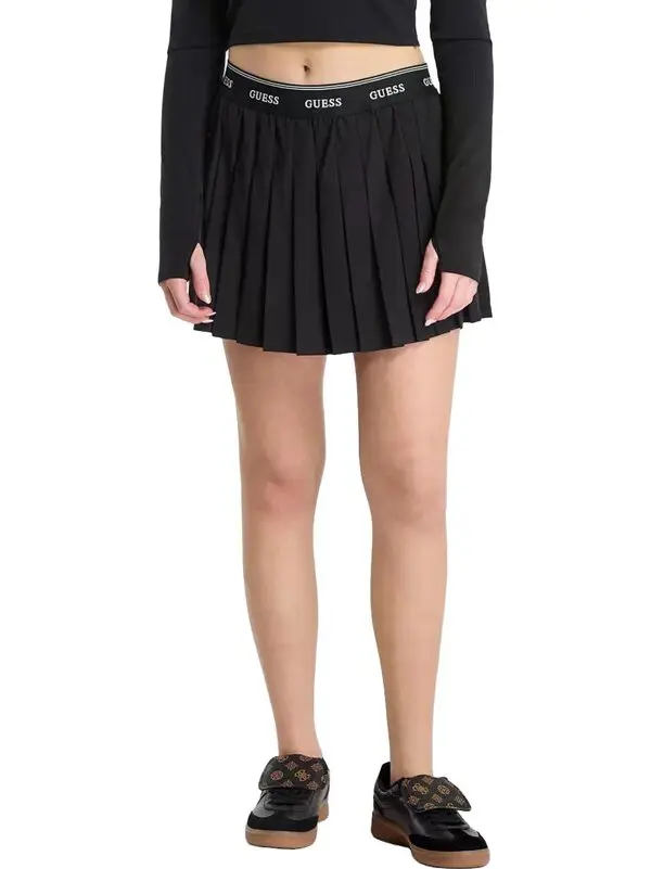 Guess Pleated Mini Skirt With Logo Waistband - Black