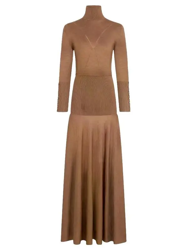 Rabanne Camel Knit Turtleneck Maxi Dress With Button Cuffs - Brown